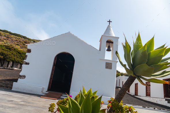 Entrance with gardens in the Ermita de la Virgen de los Reyes in El Hierro, Canary Islands Stock ...